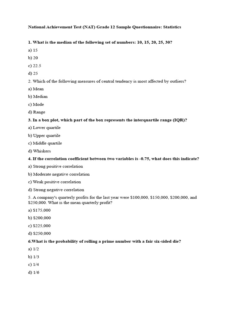 NAT Questinaire Sample Statistics | PDF | Standard Deviation | Quartile