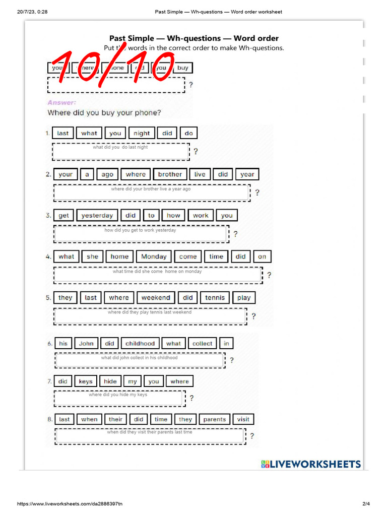 Past Simple - Wh-Questions - Word Order Worksheet | PDF