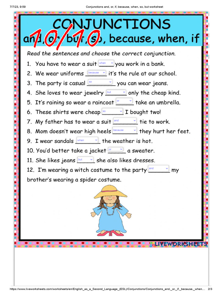 Conjunctions And, Or, If, Because, When, So, But Worksheet | PDF