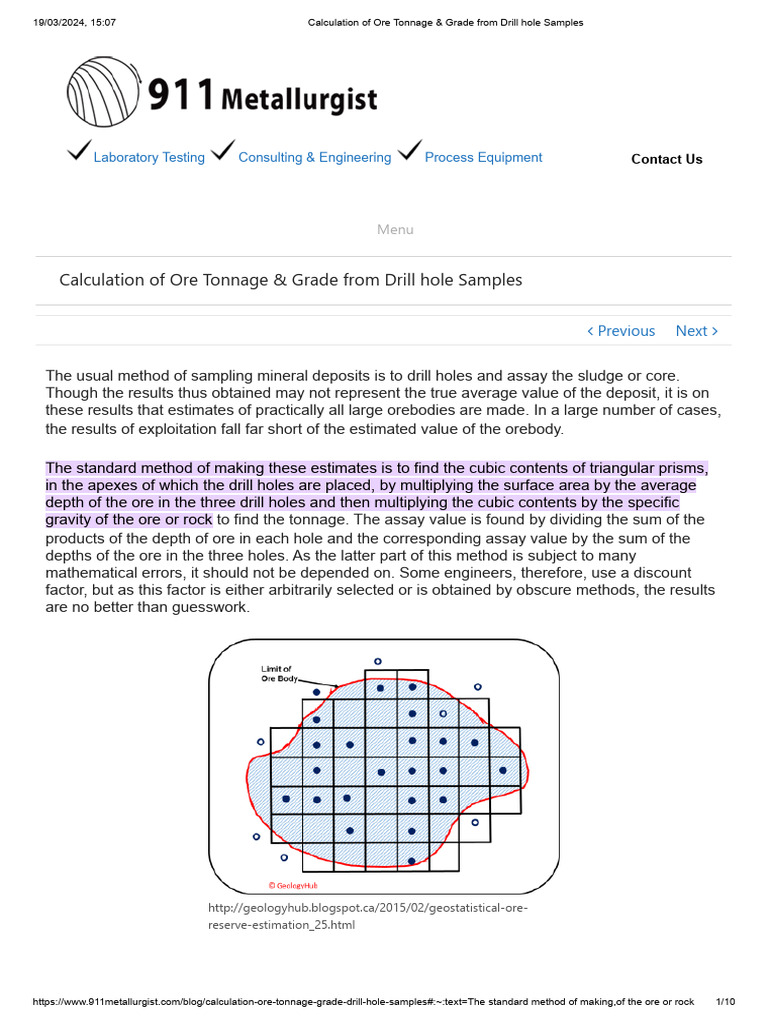 Ore Tonnage & Grade Calculation Methods | PDF | Area | Ton