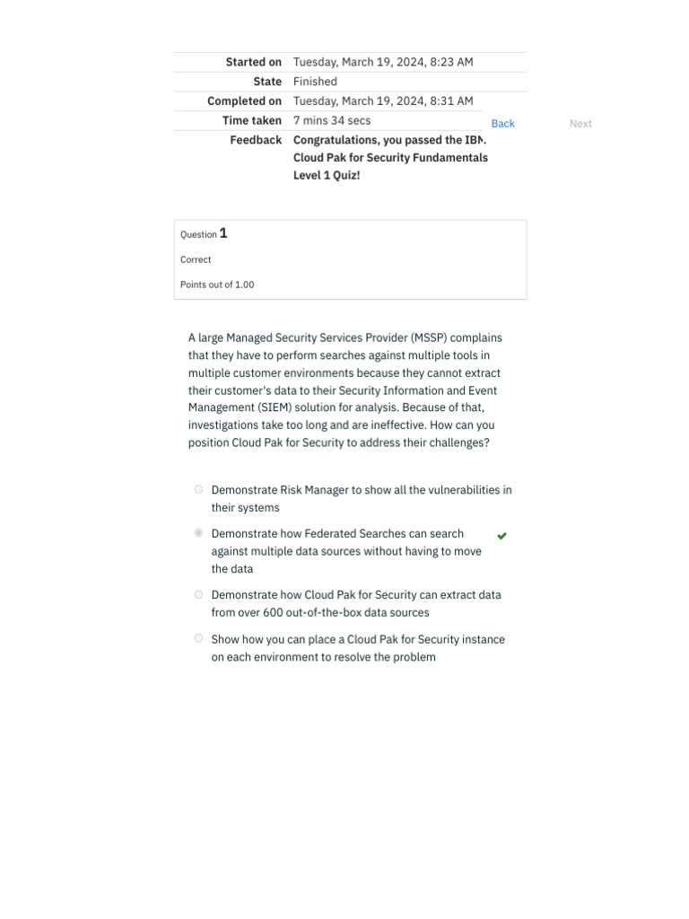 IBM Cloud Pak for Security Fundamentals Level 1 Quiz_ Attempt review | PDF | Cloud Computing ...