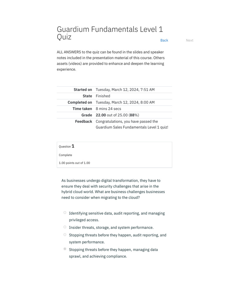 Guardium Fundamentals Level 1 Quiz - Attempt Review | PDF | Cloud ...