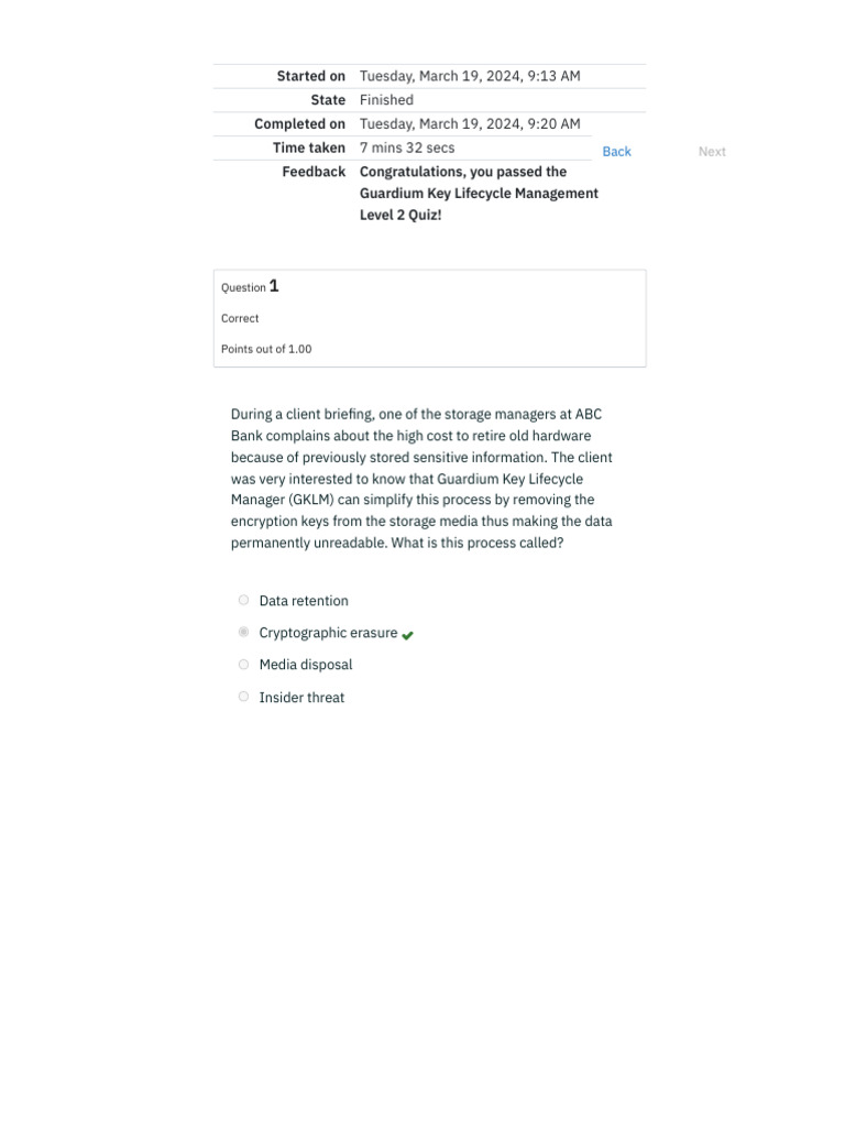 Guardium Key Lifecycle Management Level 2 Quiz_ Attempt review | PDF | Encryption | Server ...