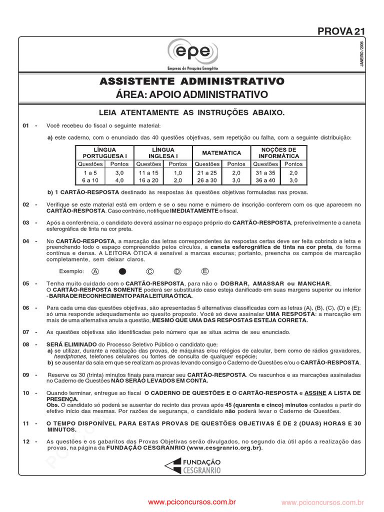 Assistente Administrativo: Prova 21 | PDF | Armazenamento de dados de computador | Tempo