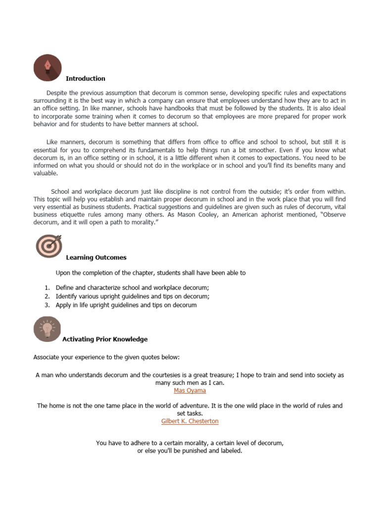 Topic 7 School and Workplace Decorum | PDF | Etiquette | Psychological ...