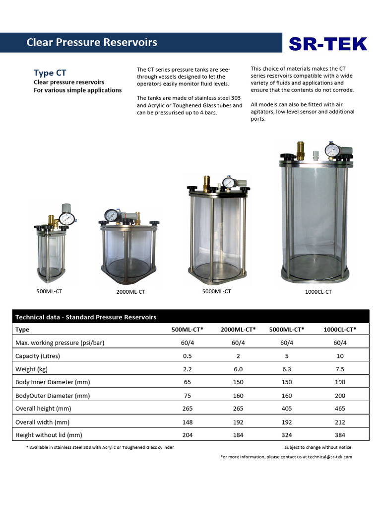 Standard Pressure Reservoirs Specs | PDF | Pressure | Equipment
