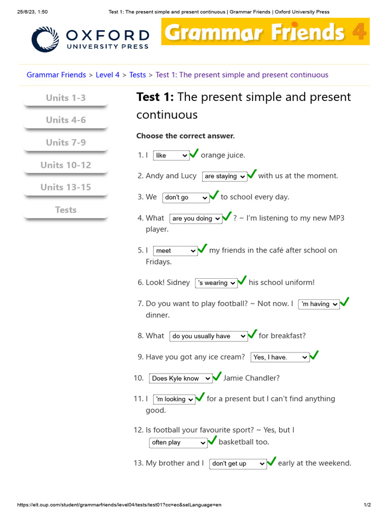 Test 1 - The Present Simple and Present Continuous - Grammar Friends ...