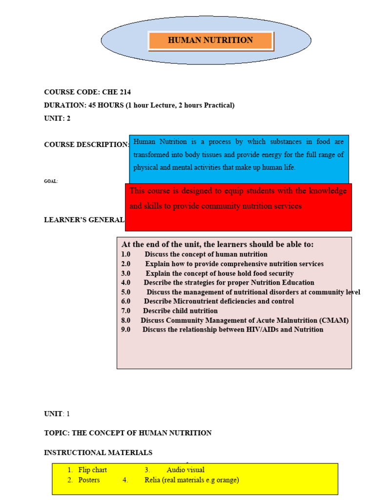 Che 214 Human Nutrition | PDF | Nutrients | Healthy Diet