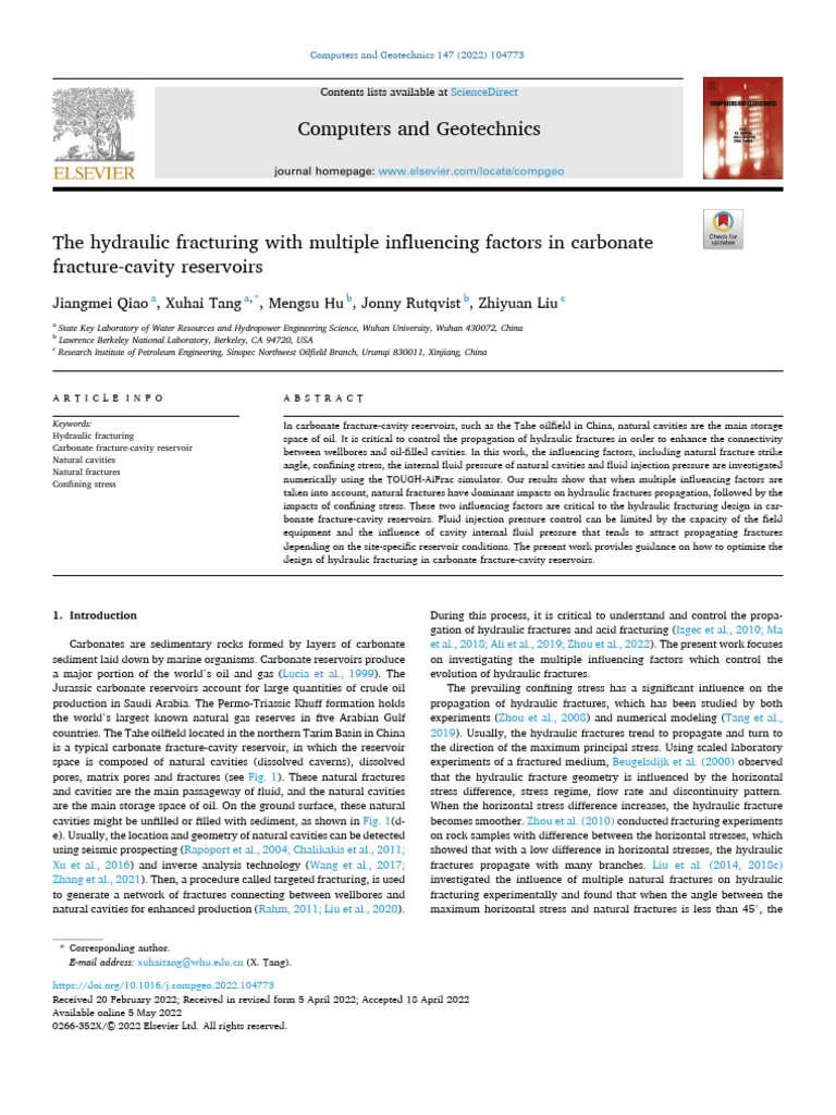 01 The Hydraulic Fracturing With Multiple Influencing Factors In Carbonate Fracture Cavity