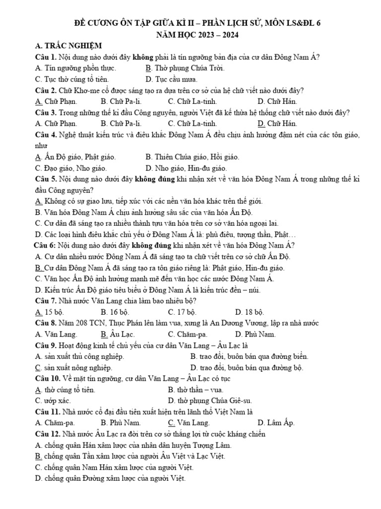 23.24- Lịch Sử-Đề Cương Ôn GK 2 Khối 6 | PDF