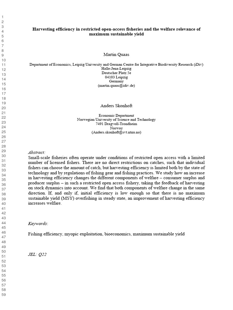 Harvesting Efficiency in Restricted Open-Access Fisheries and The Welfare Relevance of Maximum ...