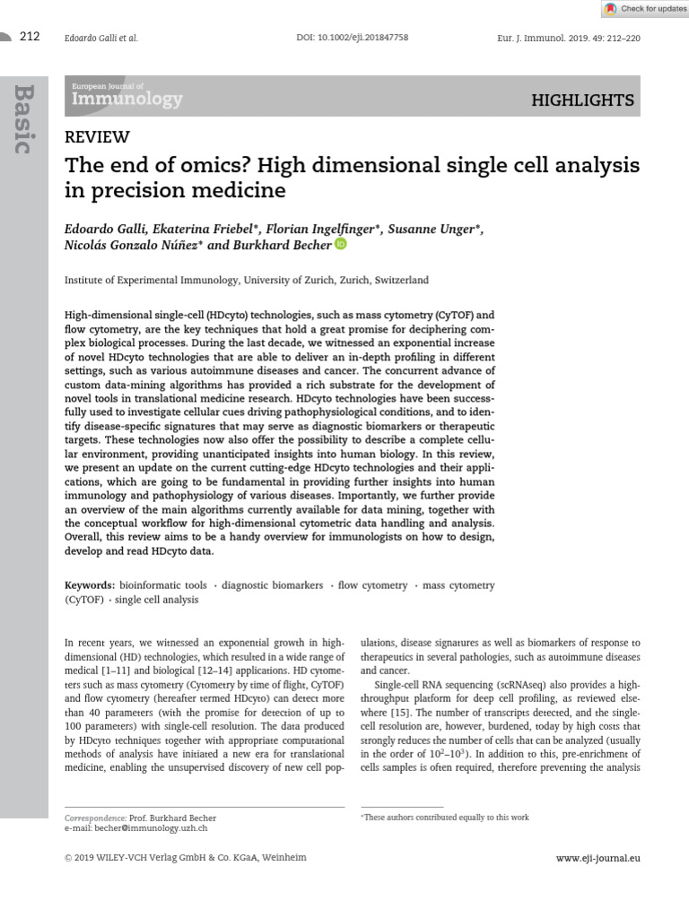 Eur J Immunol - 2019 - Galli - The End of Omics High Dimensional Single Cell Analysis in ...
