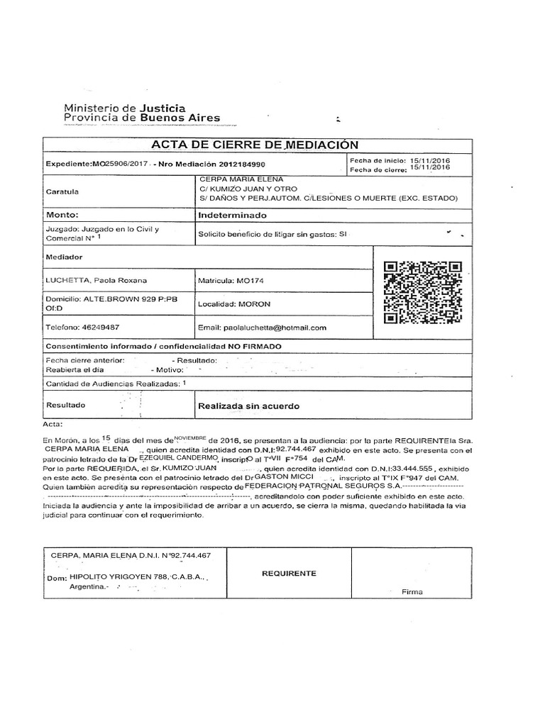 Acta de Cierre Mediacion | PDF