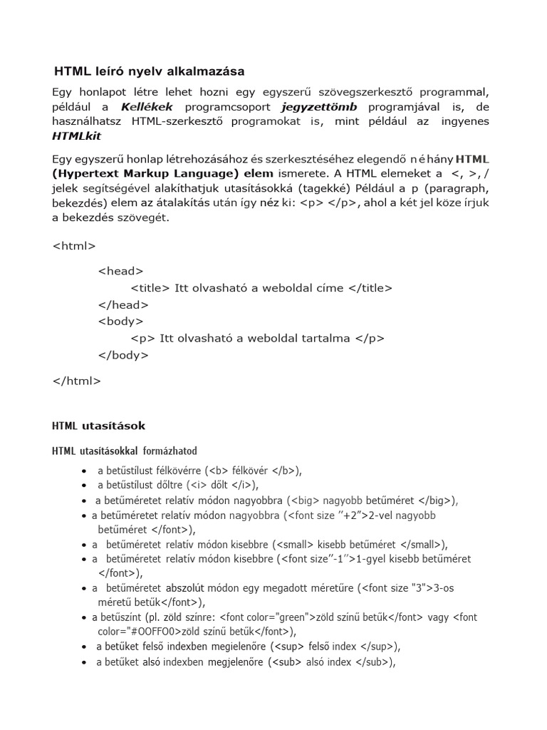 HTML Leíró Nyelv Alkalmazása | PDF