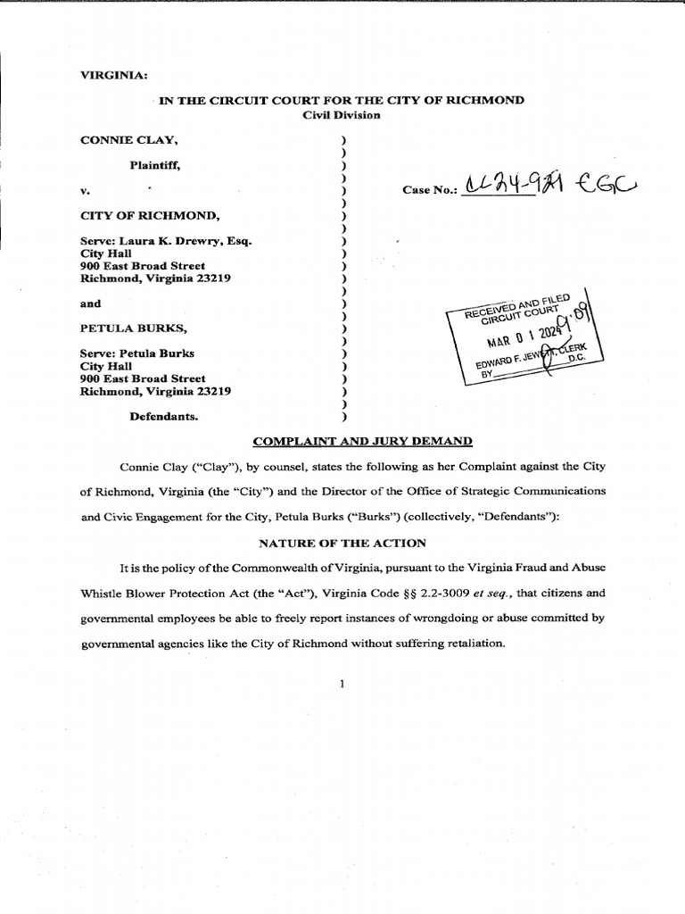 CONNIE CLAY v. CITY OF RICHMOND and PETULA BURKS | PDF | Freedom Of ...