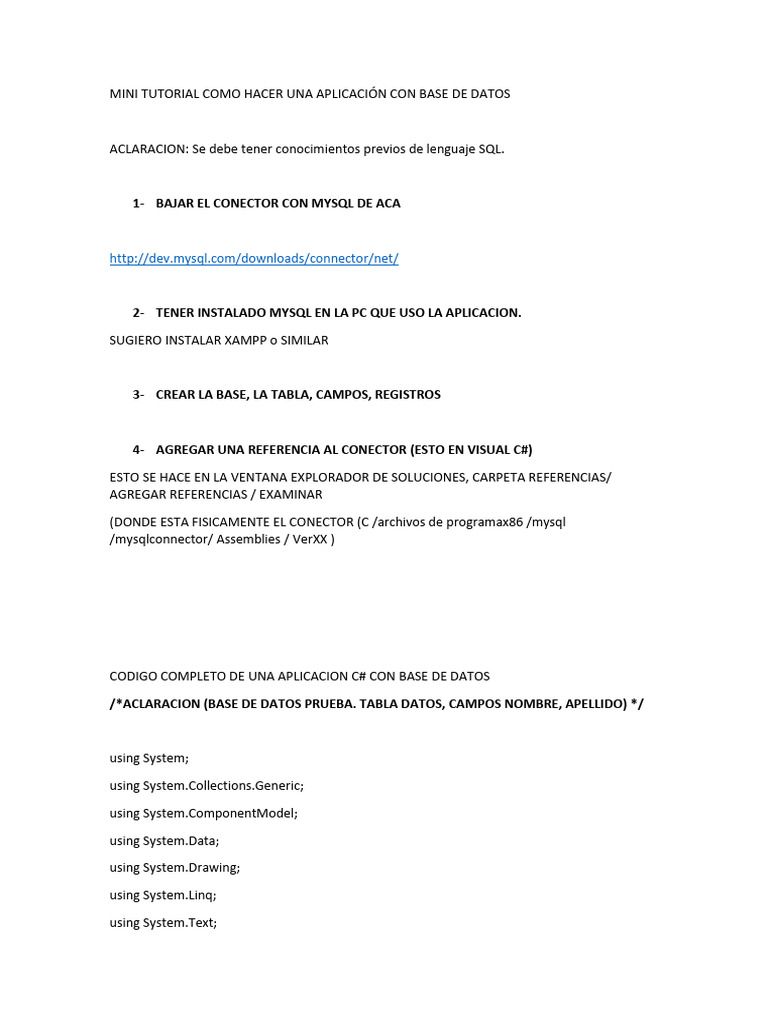 MINI_TUTORIAL_COMO_HACER_UNA_APLICACION_CON_BASE_DE_DATOS | PDF | C Sharp (lenguaje de ...