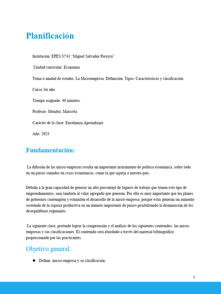 Planificación de La Clase | PDF | Economias