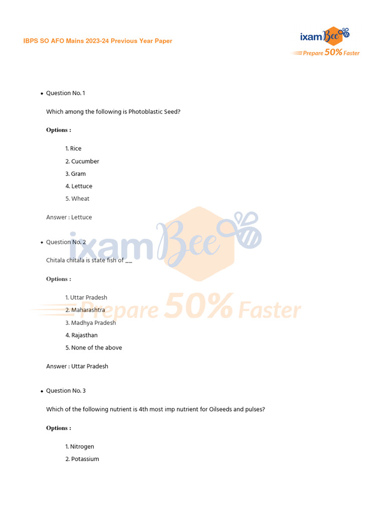 IBPS SO AFO Mains 2023-24 Exam Questions | PDF | Aquaponics | Soil