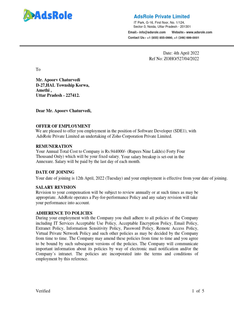 AdsRole Letter of Offer | PDF | Employment | Patent