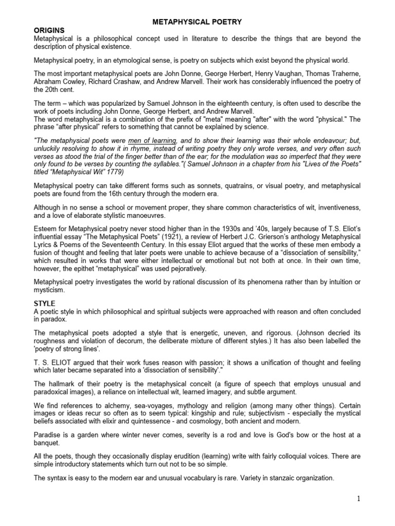 METAPHYSICAL POETRY A Summary | PDF | Poetry