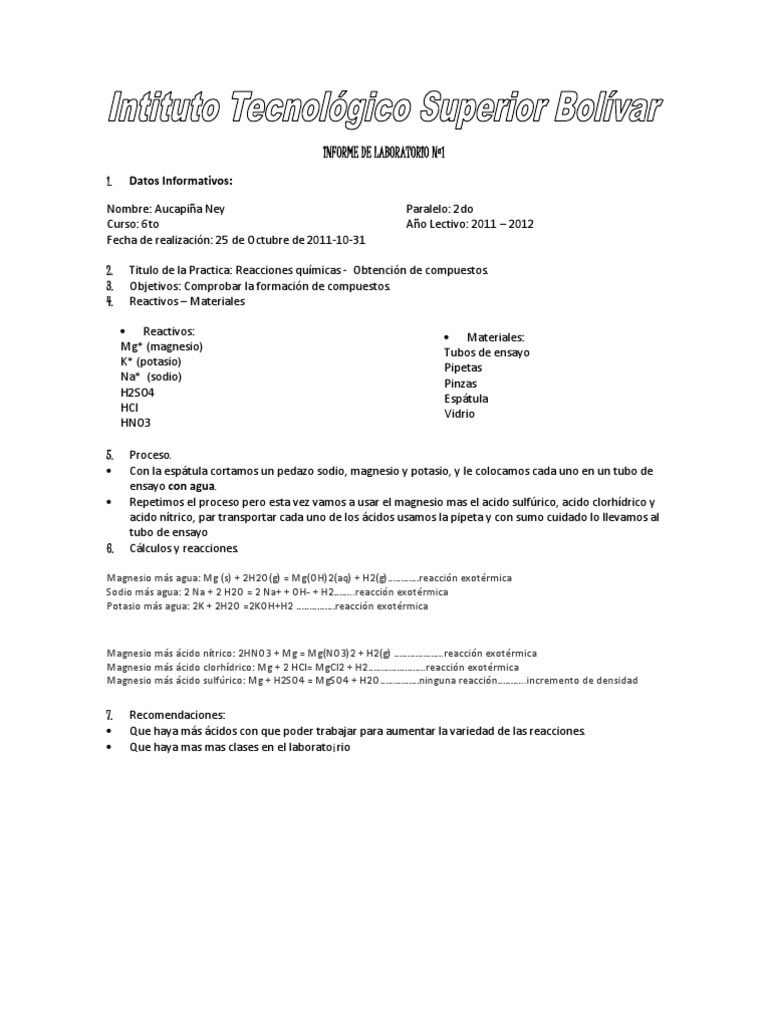 Informe De Laboratorio N 1 Pdf Magnesio Ácido Clorhídrico