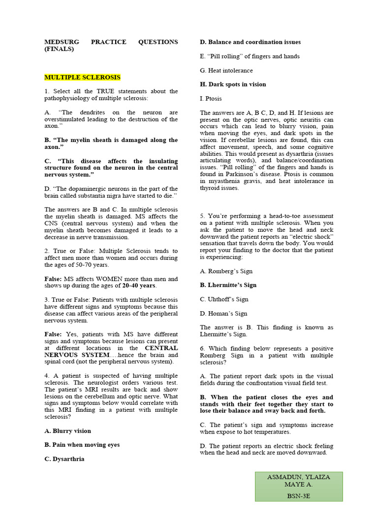 Medsurg Practice Questions Finals | PDF | Parkinson's Disease ...