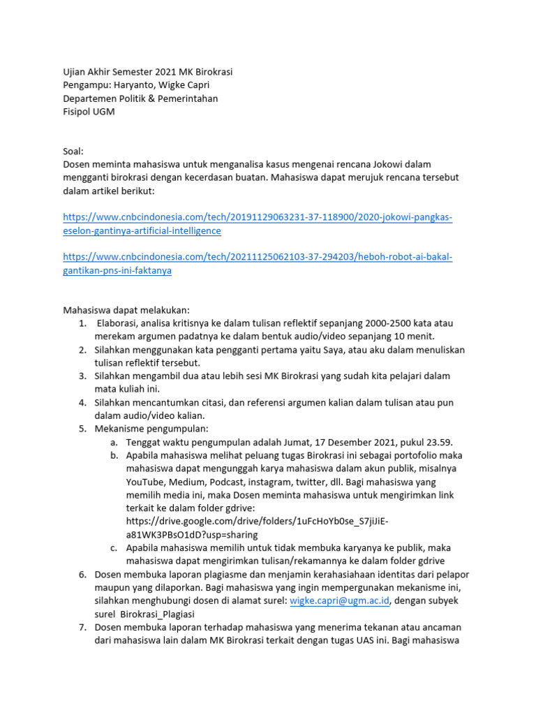 Ujian Akhir Semester 2021 MK Birokrasi | PDF