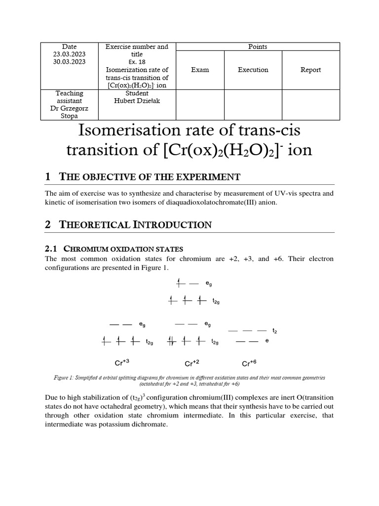 Lab Report Isomerisation of Chromium (III) Coplexes | PDF | Ultraviolet ...