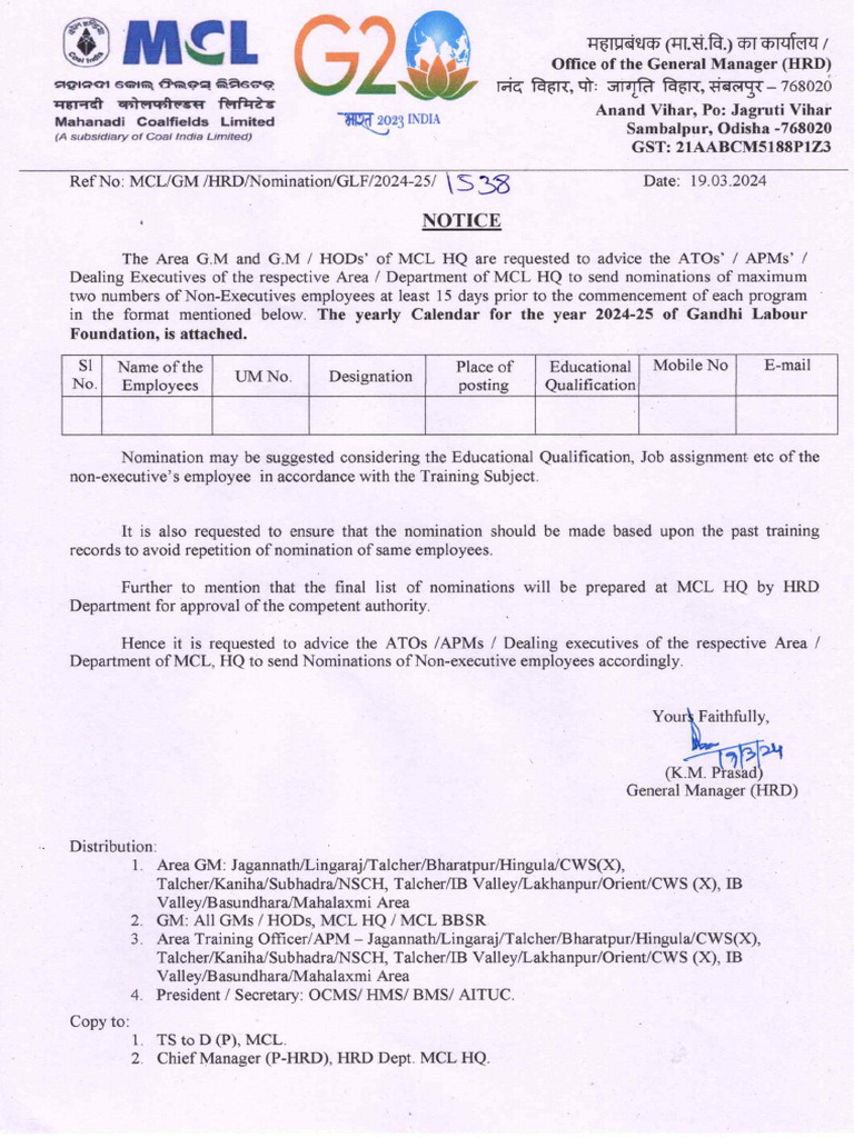 1538 - Notice For Nomination of GLF, Puri Training Program 2024-25 | PDF