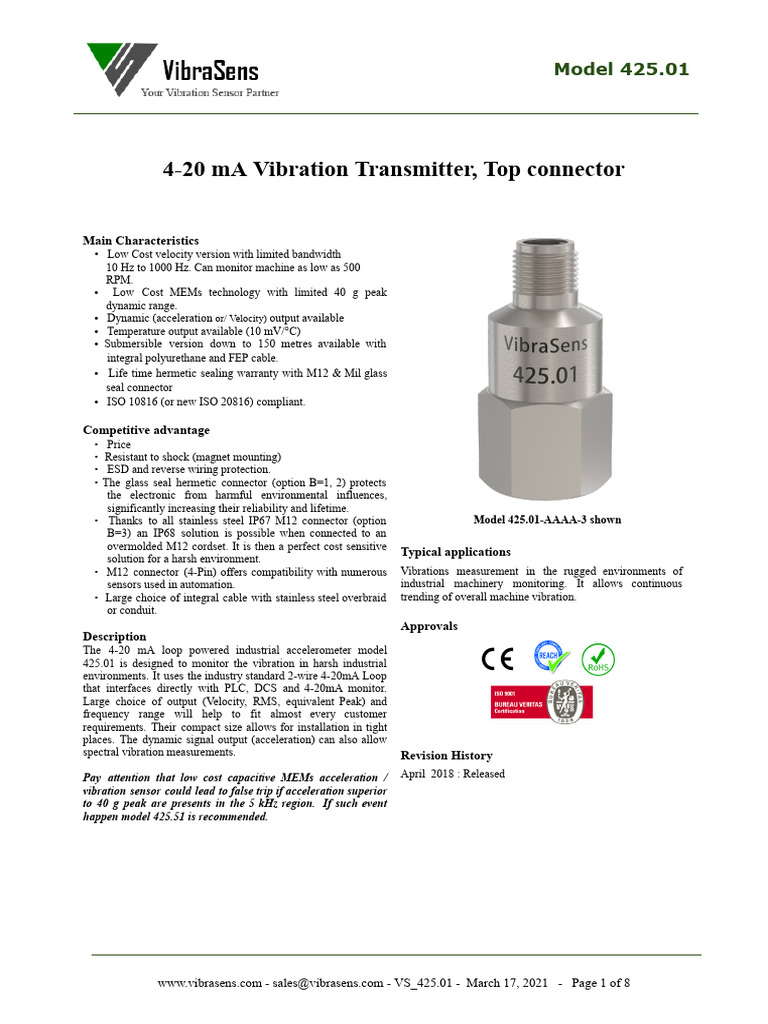 4-20 Ma Vibration Transmitter, Top Connector: Model 425.01 | Download ...