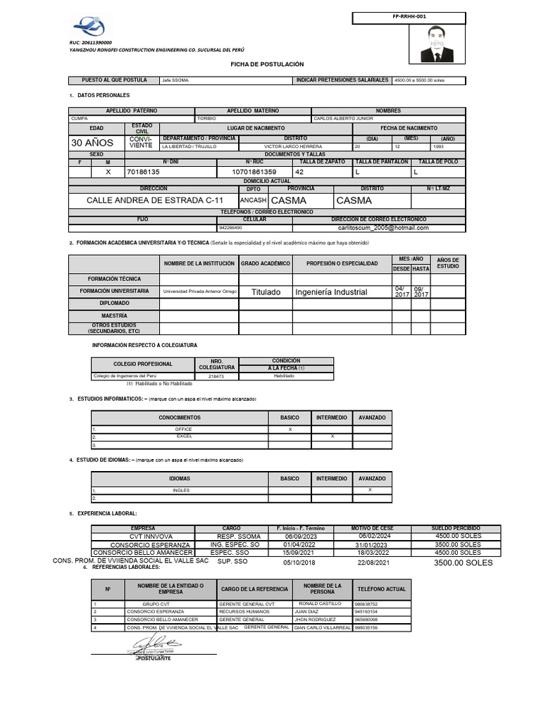 Ficha de Postulaciones - Rongfei | PDF