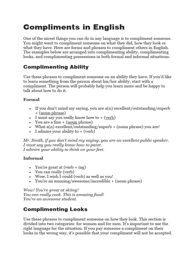 Compliments in English | Download Free PDF | Verb | Noun