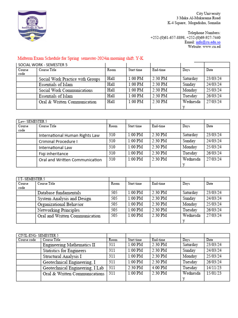 City University Spring 2024 Midterm Schedule | PDF | Somalia