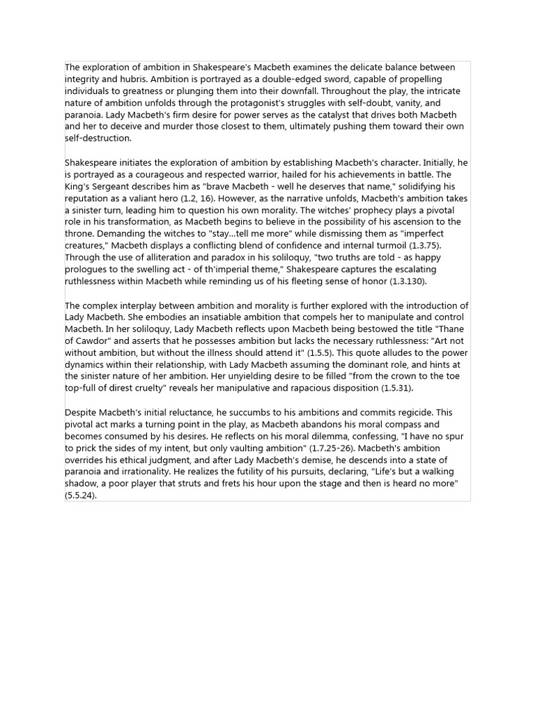 The Exploration Of Ambition In Shakespeare Pdf Macbeth