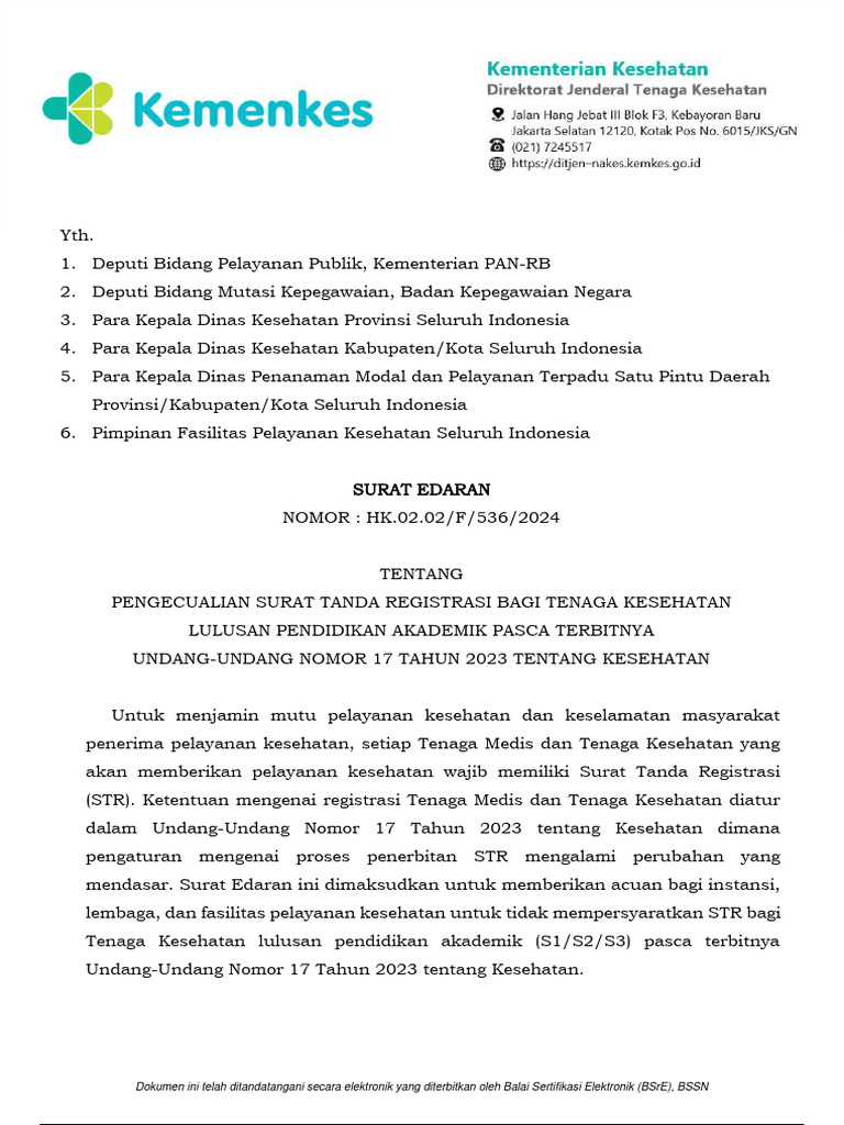 Surat Edaran - Pengecualian STR Bagi Nakes Lulusan Akademik | PDF