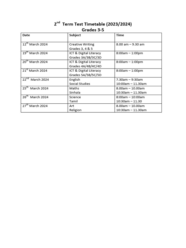 2nd Term Test Timetable - 2024 | PDF