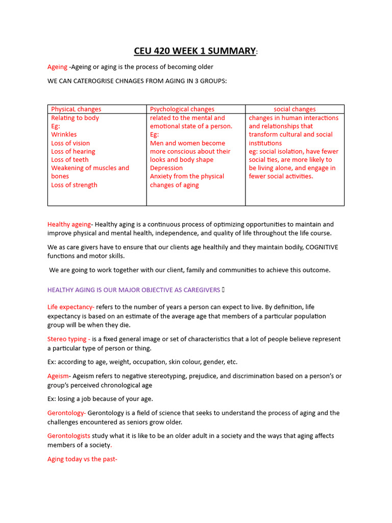 Week 1 Summary | PDF | Ageing | Caregiver