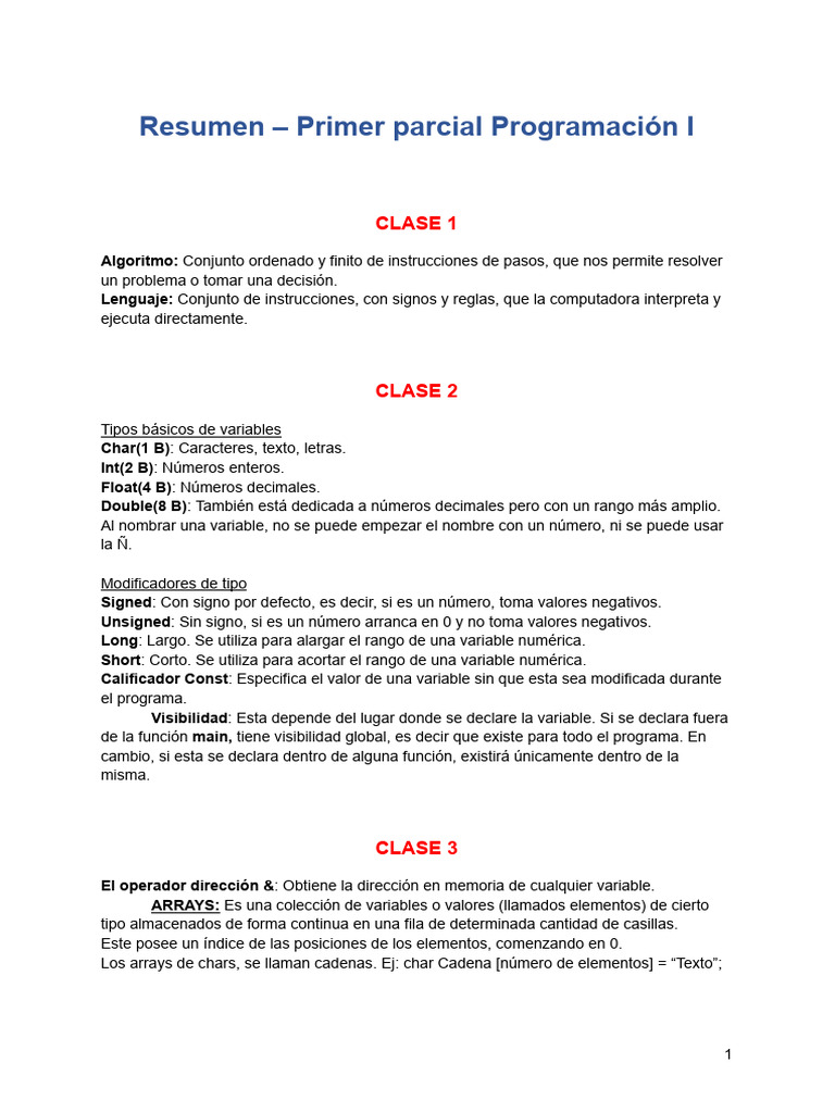 Resumen Para El Parcial Programación | PDF | Puntero (Programación de computadora) | Variable ...