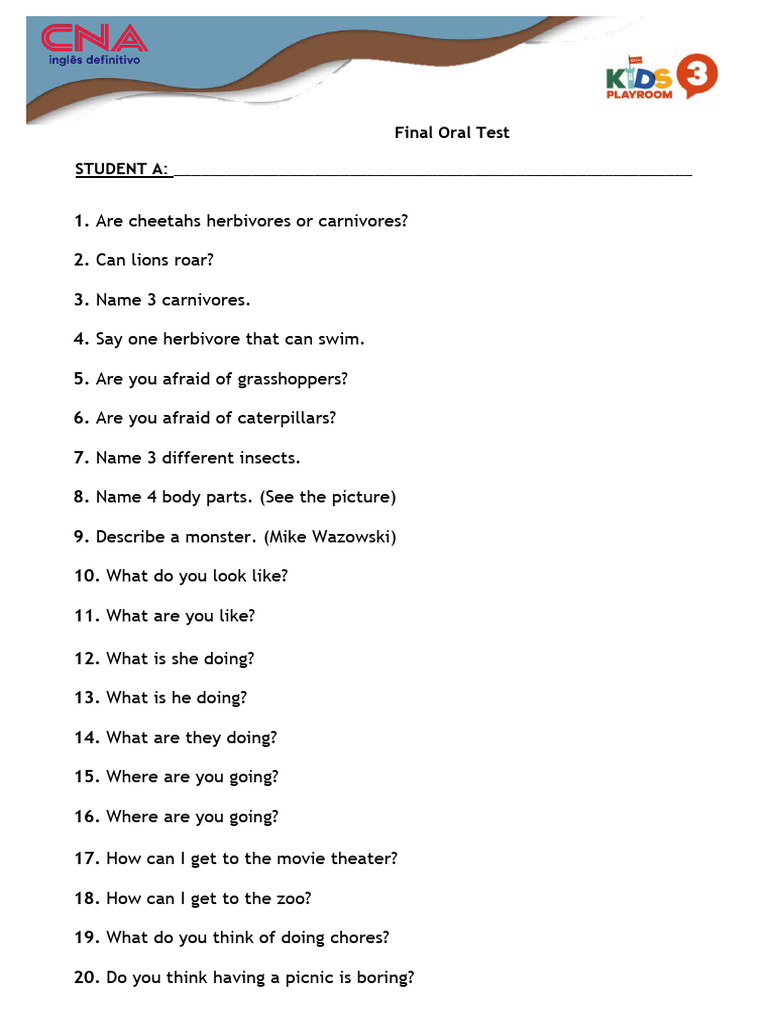 CNA Kids Playroom 3 - Final TestOral Test - Questions | PDF