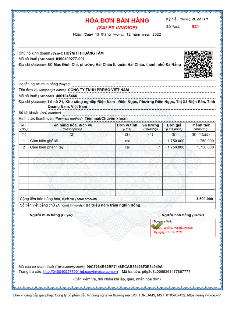 Hoadon 0400409277-001 2c22tyy 921 | PDF