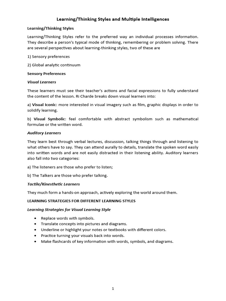Learning Thinking Styles and Multiple Intelligences | PDF | Learning Styles | Learning