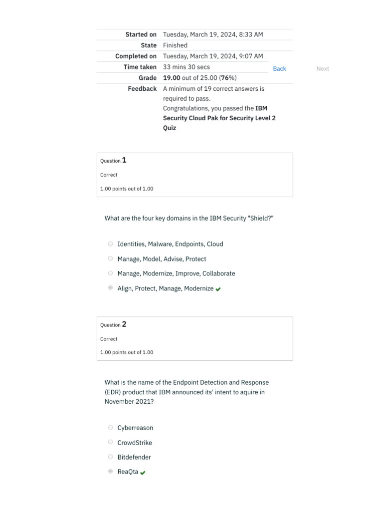 IBM Security Cloud Pak for Security Level 2 Quiz_ Attempt review | PDF | Cloud Computing ...
