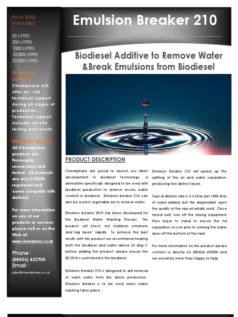 Emulsion Breaker 210 Product Sheet | Biodiesel | Personal Protective ...