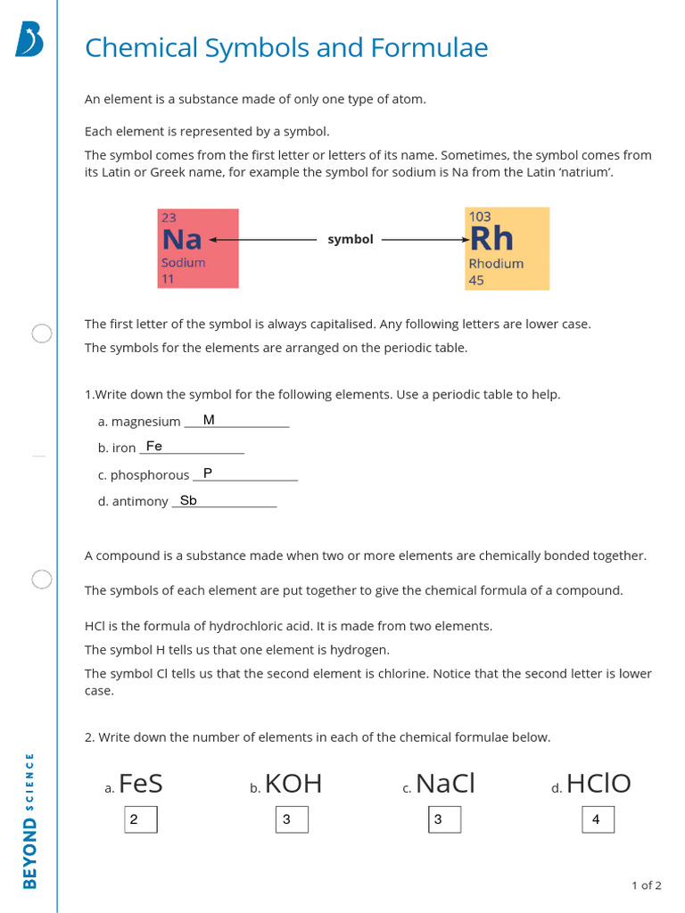 Chemical Symbols and Formulae Worksheet | PDF | Chemical Elements ...