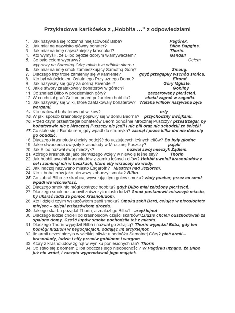 Przykładowa Kartkówka Z Hobbita | PDF