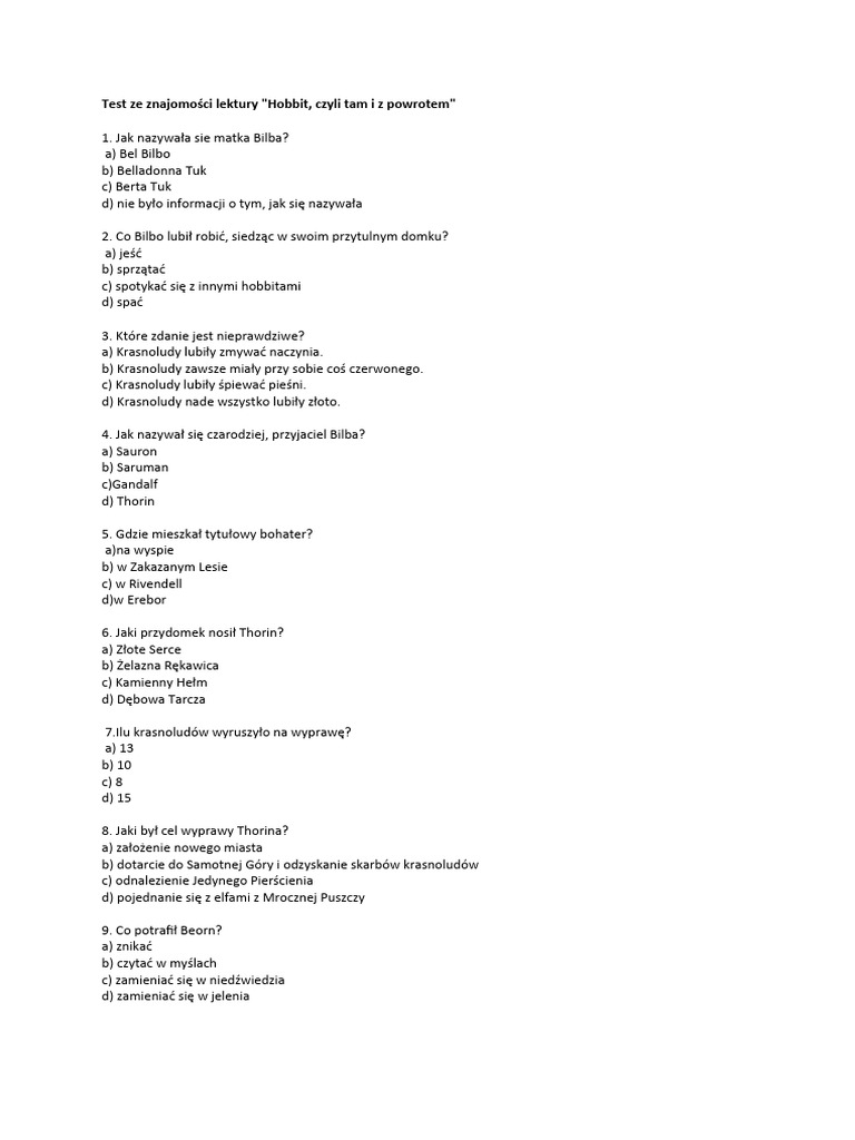 Test Ze Znajomości Lektury HOBBIT. Tam I Z Powrotem. Klasa 6 | PDF