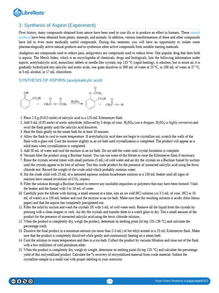 1 Synthesis of Aspirin (Experiment) | PDF | Aspirin | Filtration