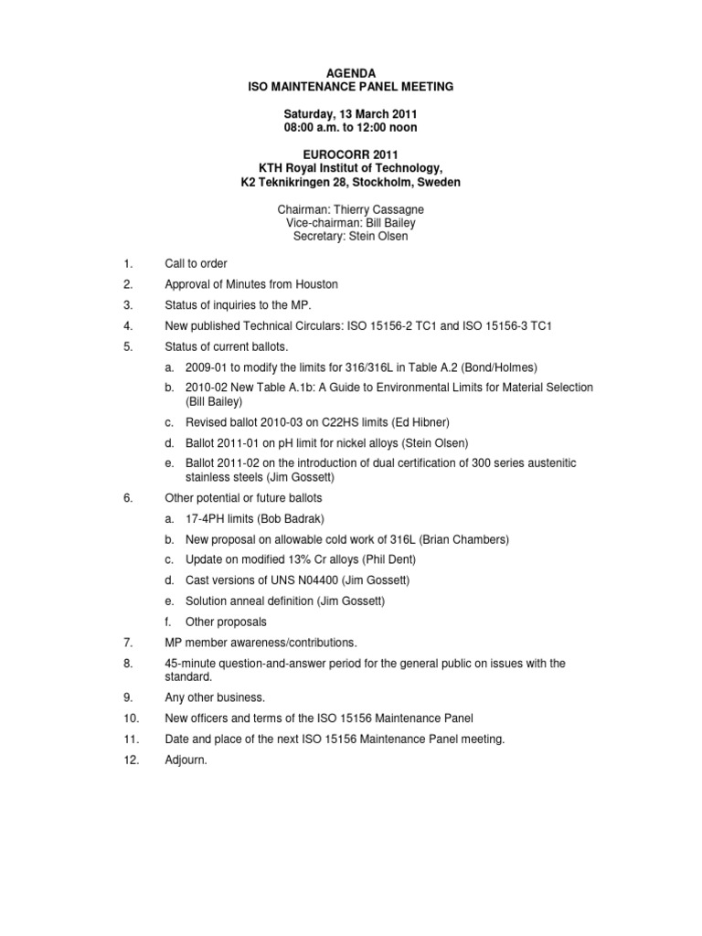 ISO Maintenance Panel Agenda 2011 | PDF