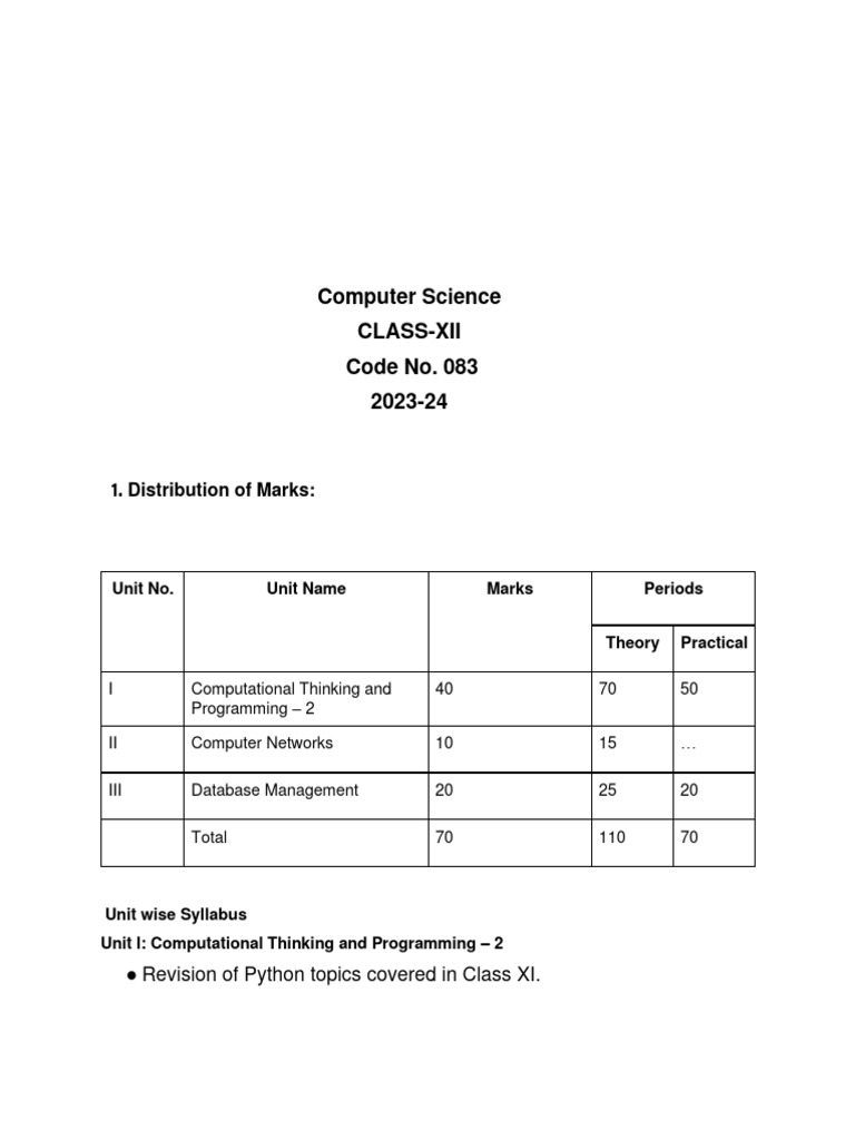 Syllabus Computer Science 2024 XII | PDF | Computer Network | Relational Model