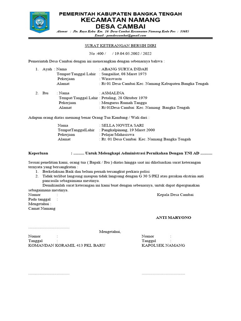 Surat Keterangan Bersih Diri | PDF